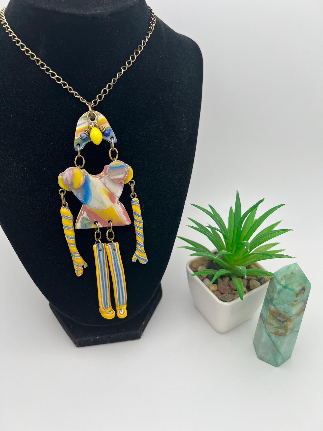 Moveable People Pendant Necklace With Stud Earrings, Polymer Clay ...
