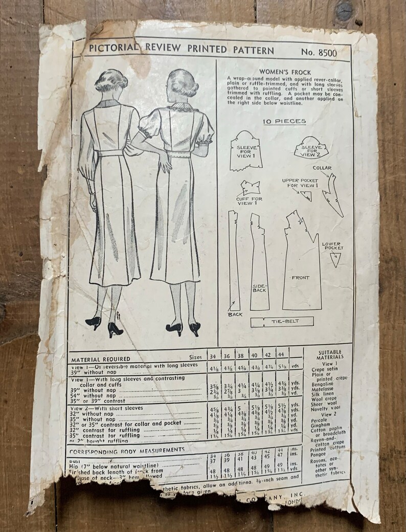 1930s Dress Pattern. 8500. Pictorial Review. Vintage, Rare, Complete. Bust 34", Waist 37" - Etsy