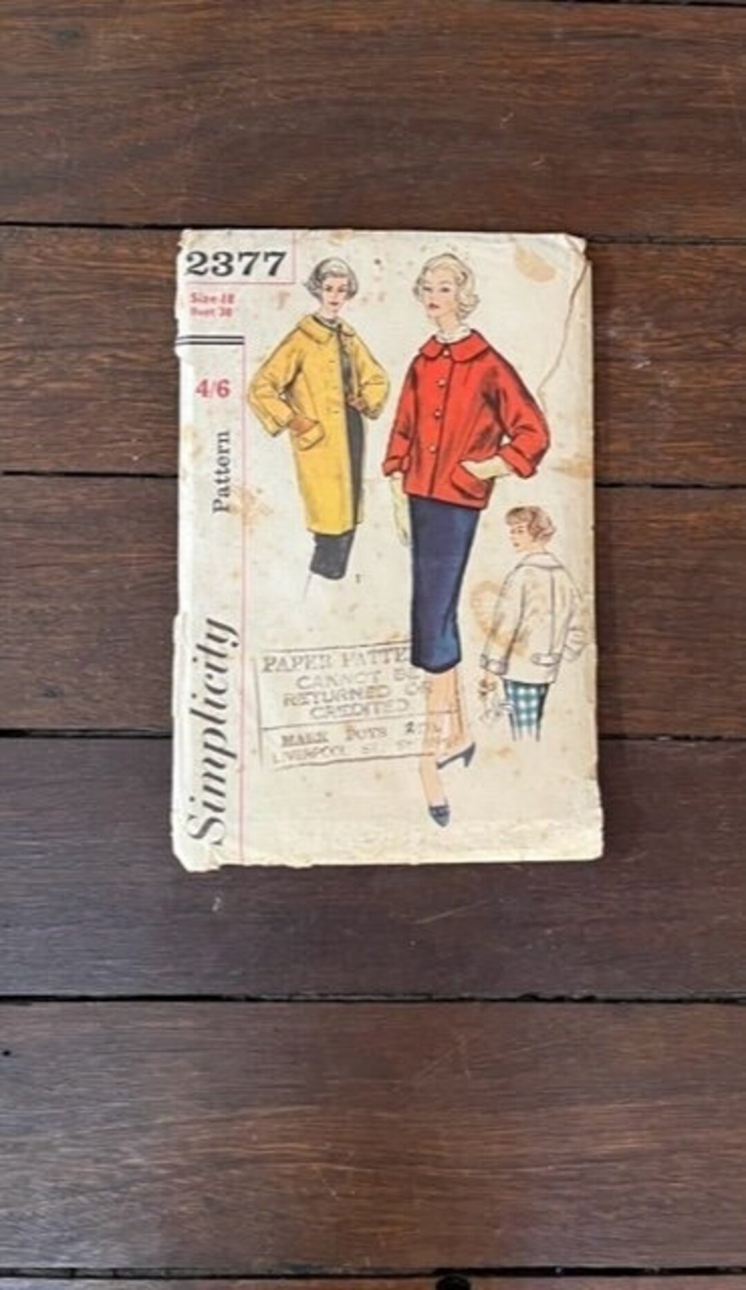 1950s Vintage Topper Pattern. © 1958. With Pockets. Bust 38"/96cm ...
