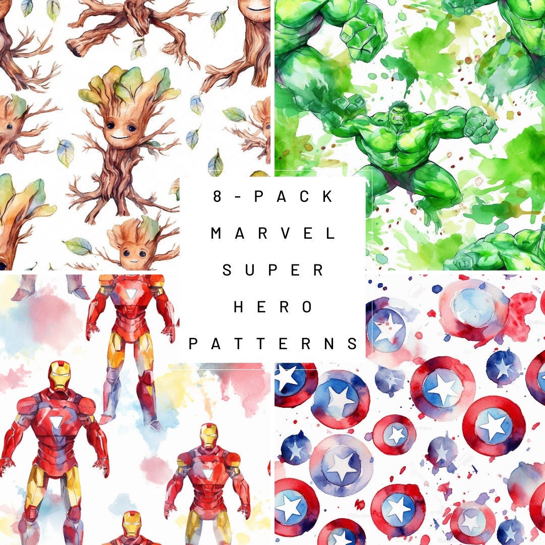 8 Marvel Avengers Superhero Seamless Patterns, Clipart, Iron Man ...