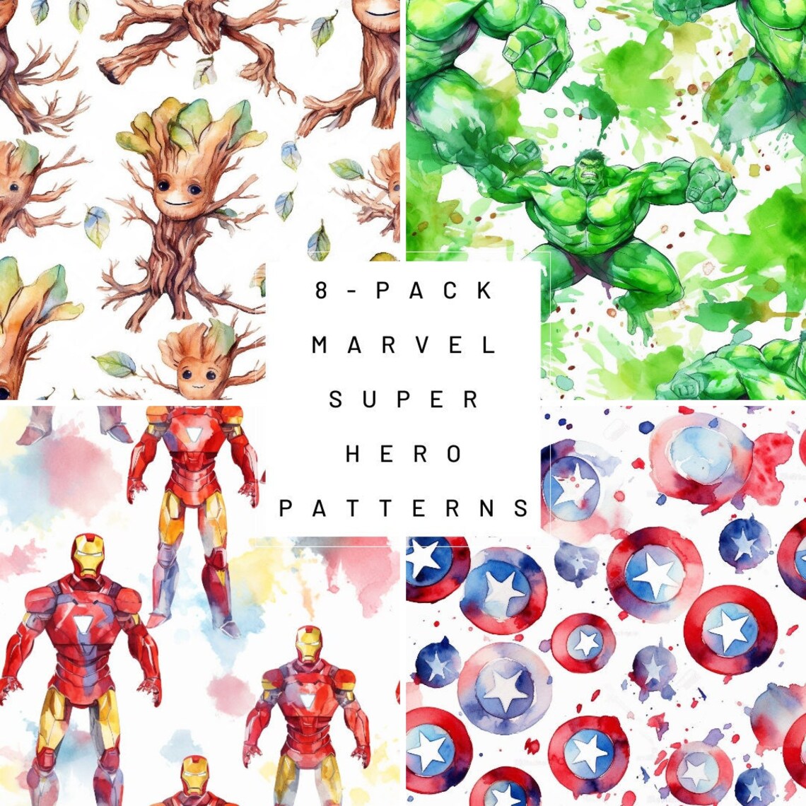 8 Marvel Avengers Superhero Seamless Patterns, Clipart, Iron Man ...