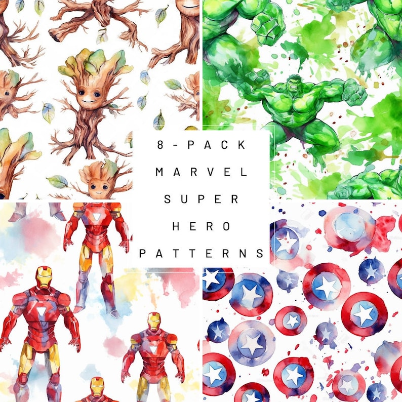 8 Marvel Avengers Superhero Seamless Patterns, Clipart, Iron Man ...