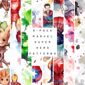 8 Marvel Avengers Superhero Seamless Patterns, Clipart, Iron Man ...