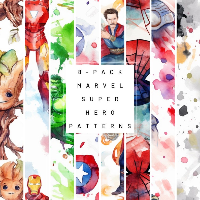 8 Marvel Avengers Superhero Seamless Patterns, Clipart, Iron Man, Captain America, Groot, Doctor ...