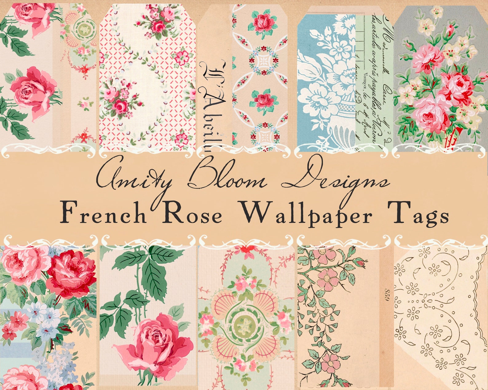 French Rose Wallpaper Tags | 35 Vintage Floral Tags - Etsy