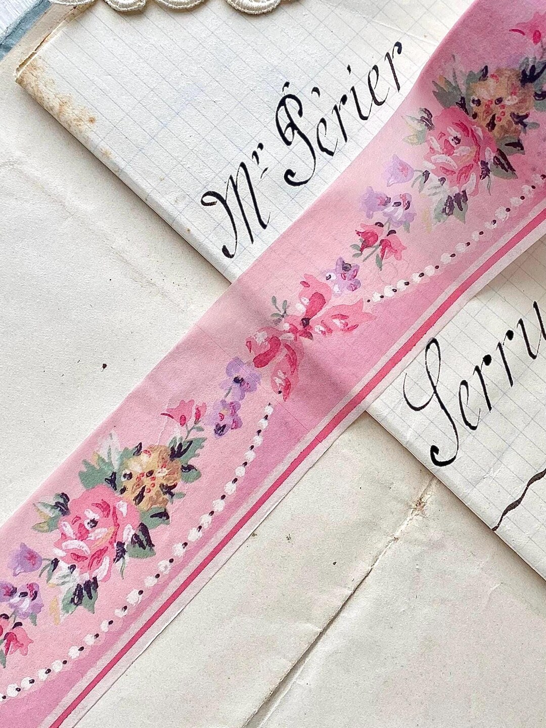 Pink Floral Wallpaper Border Tape Rose Tape Designer 40mm Floral Washi ...