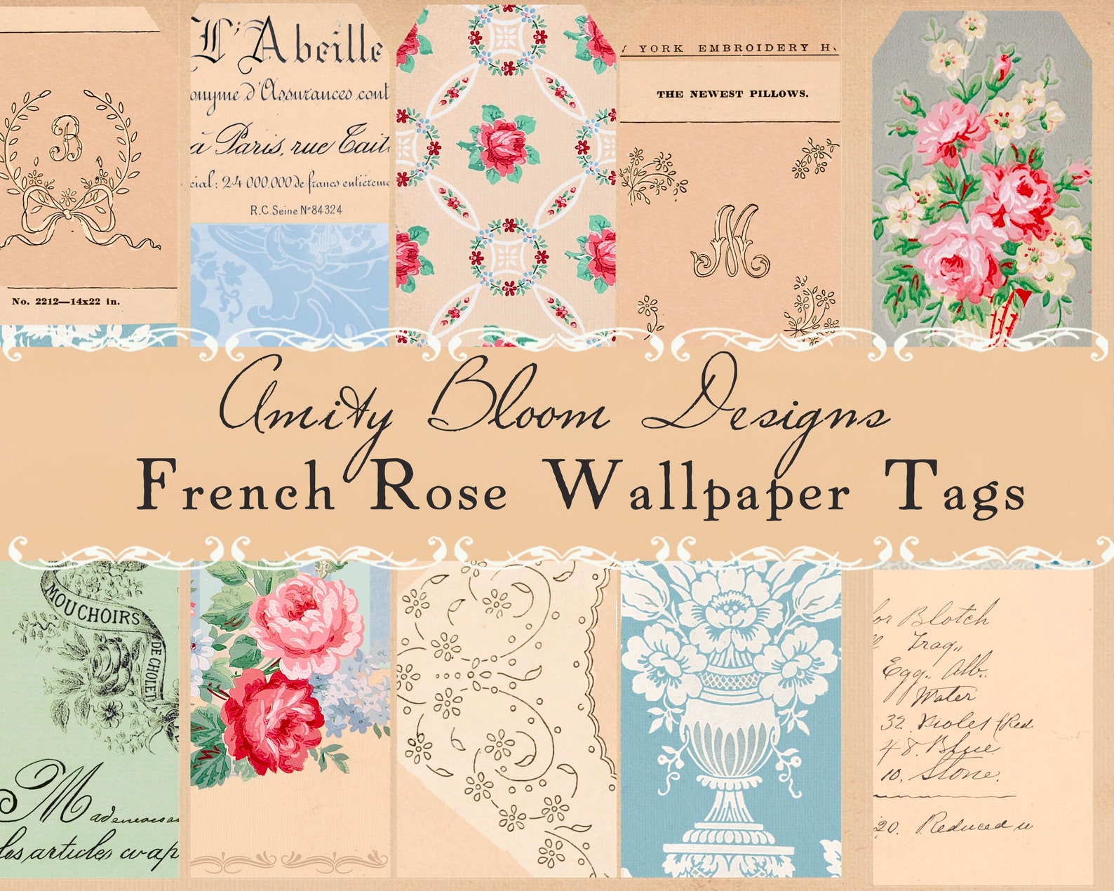 French Rose Wallpaper Tags | 35 Vintage Floral Tags - Etsy