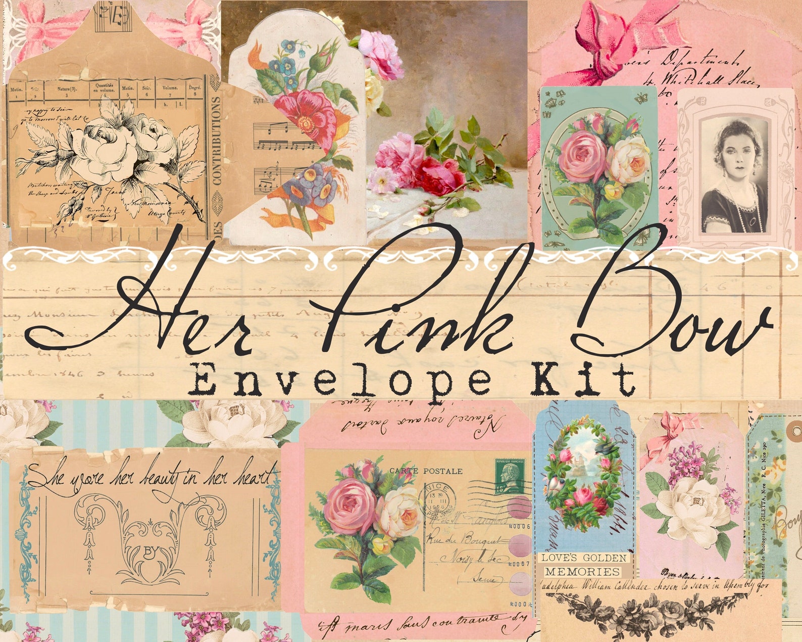 Her Pink Bow Envelope & Ephemera Kit | Vintage Decorative Paper - Etsy