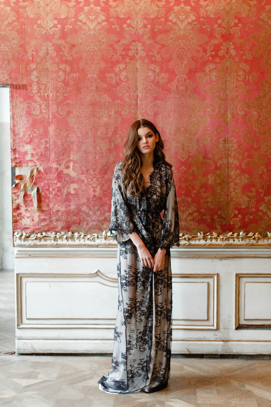Black Lace Robe, Floor Length Robe, Robe Gown, Allover Black Lace Robe ...