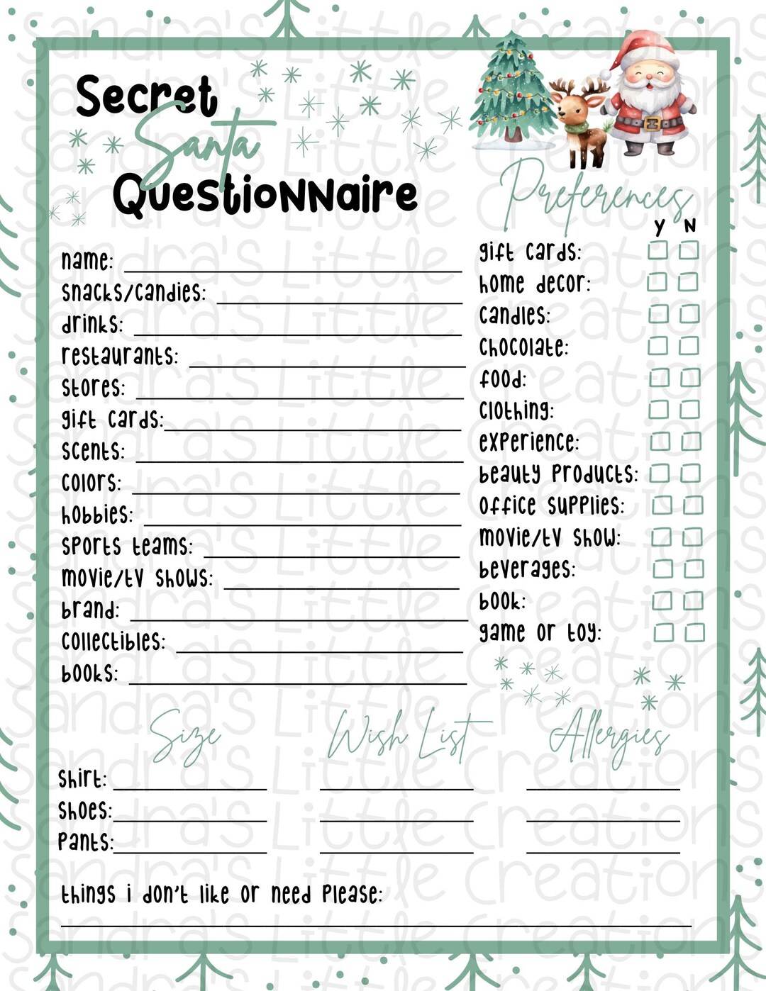 Secret Santa Questionnaire - Etsy