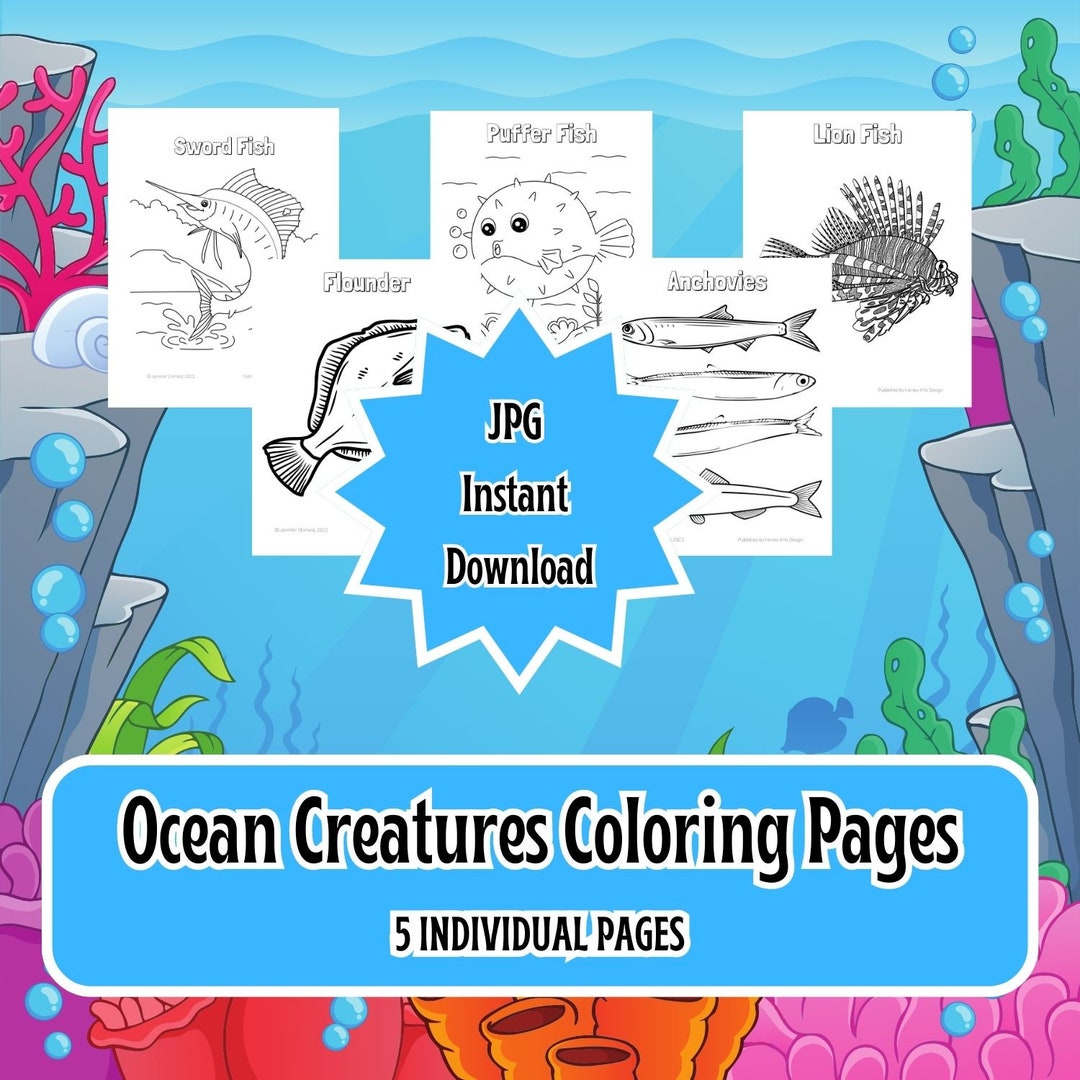 Ocean Creatures Coloring Pages Five Individual Animals - Etsy
