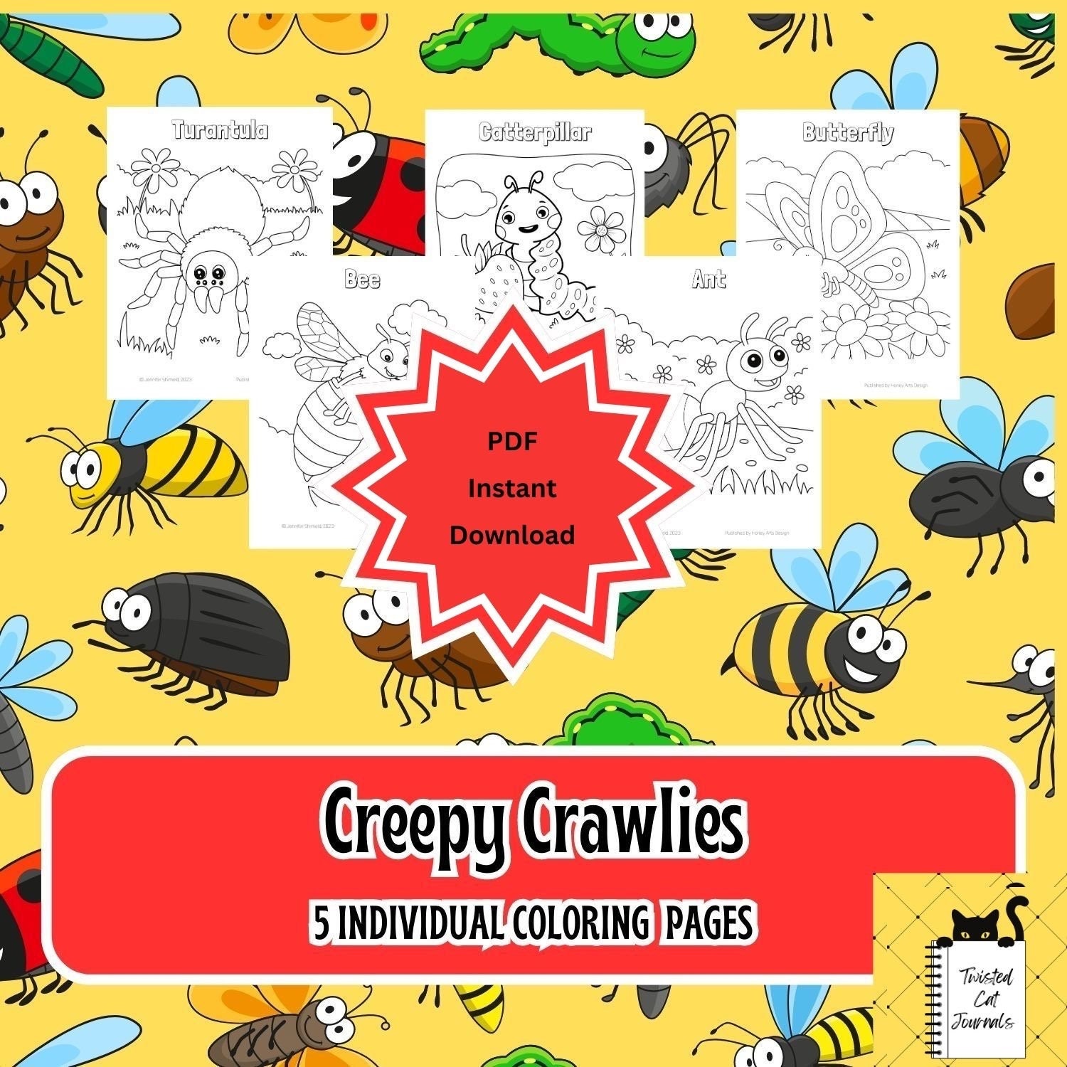 Creepy Crawlies Coloring Pages, Five Individual Animals, DIGITAL ...