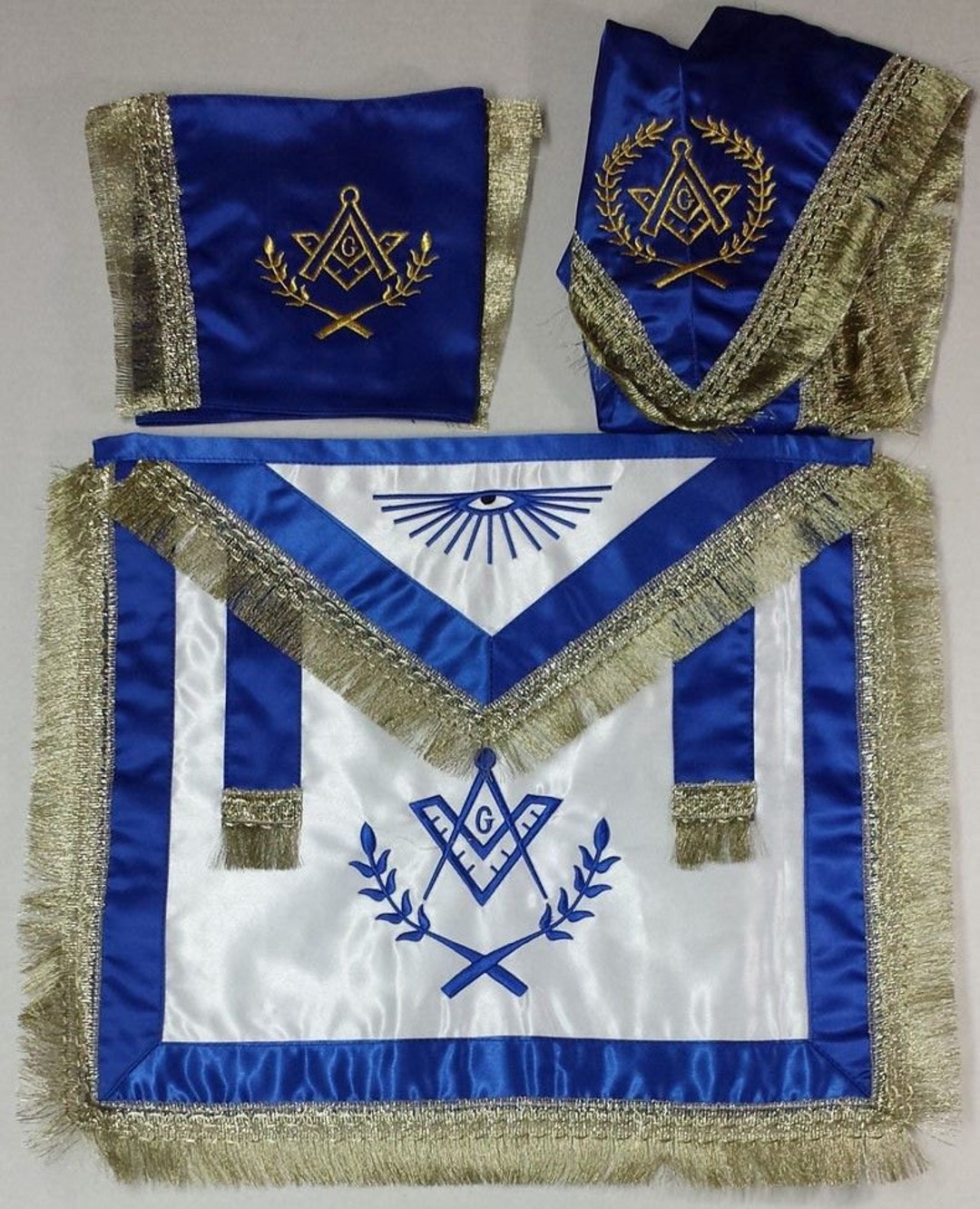 Blue Masonic Master Mason Satin Apron,collar Gauntlets Set With Fringe ...