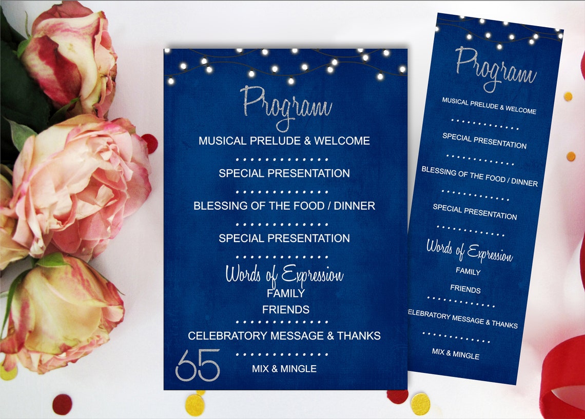 65th BIRTHDAY Party Program Blue and Silver Glitter. Twinkle - Etsy