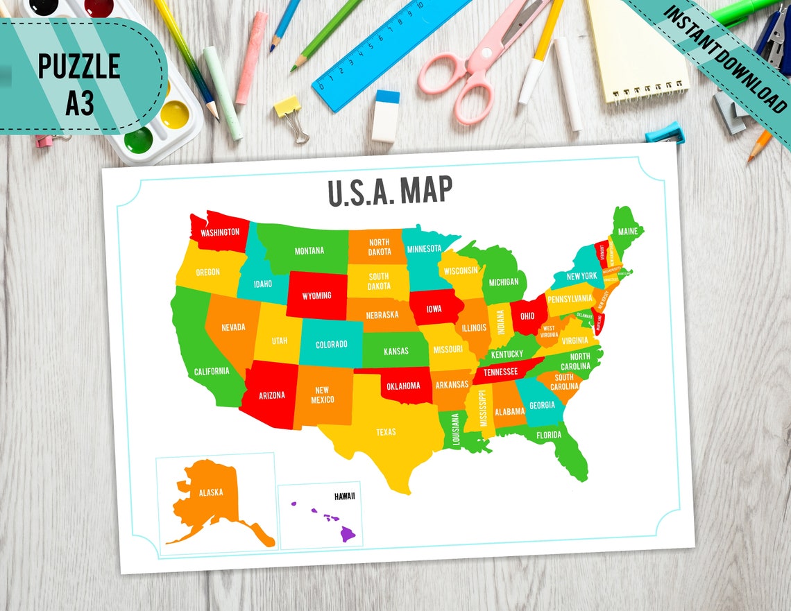Instant Download Printable USA MAP Puzzle Homeschool - Etsy