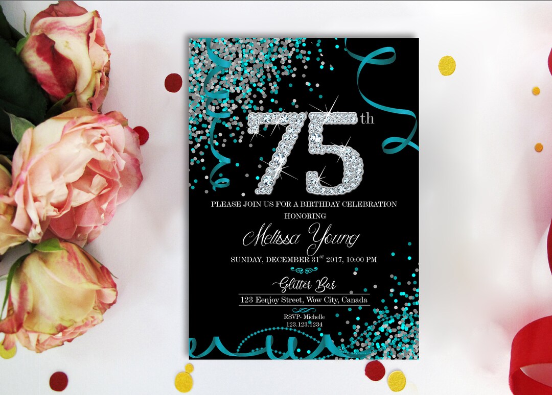 Teal Silver Diamonds 75th BIRTHDAY INVITATION Black Teal - Etsy