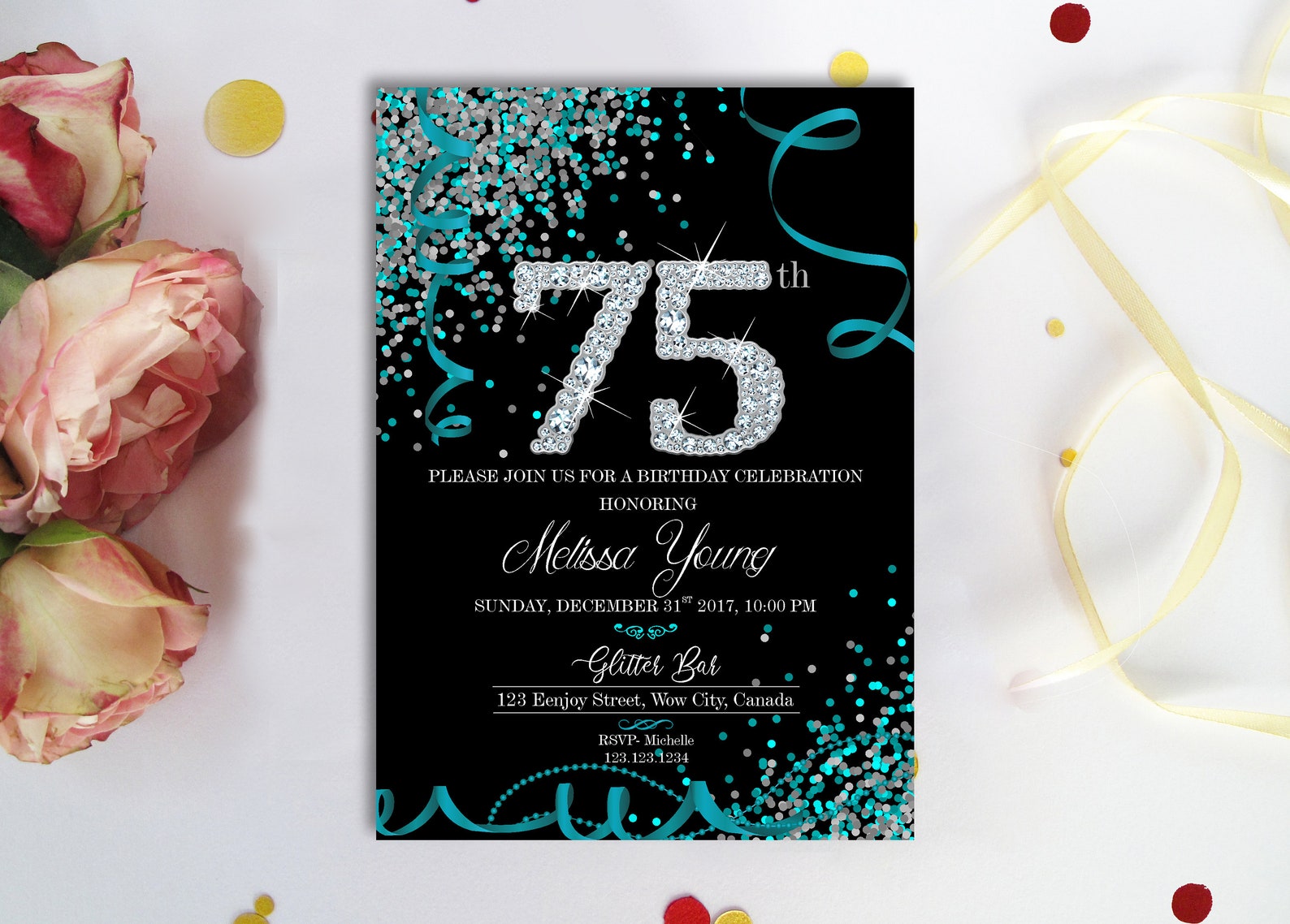 Teal Silver Diamonds 75th BIRTHDAY INVITATION Black Teal - Etsy