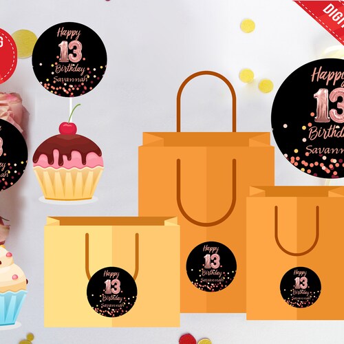 Printable Happy 13th Birthday Round Tags Pink Gold Confetti | Etsy