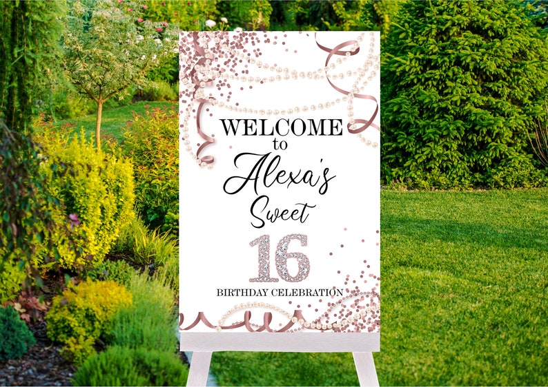 Pearls Rose Gold Diamonds Sweet 16 Party Sign Sixteen White - Etsy