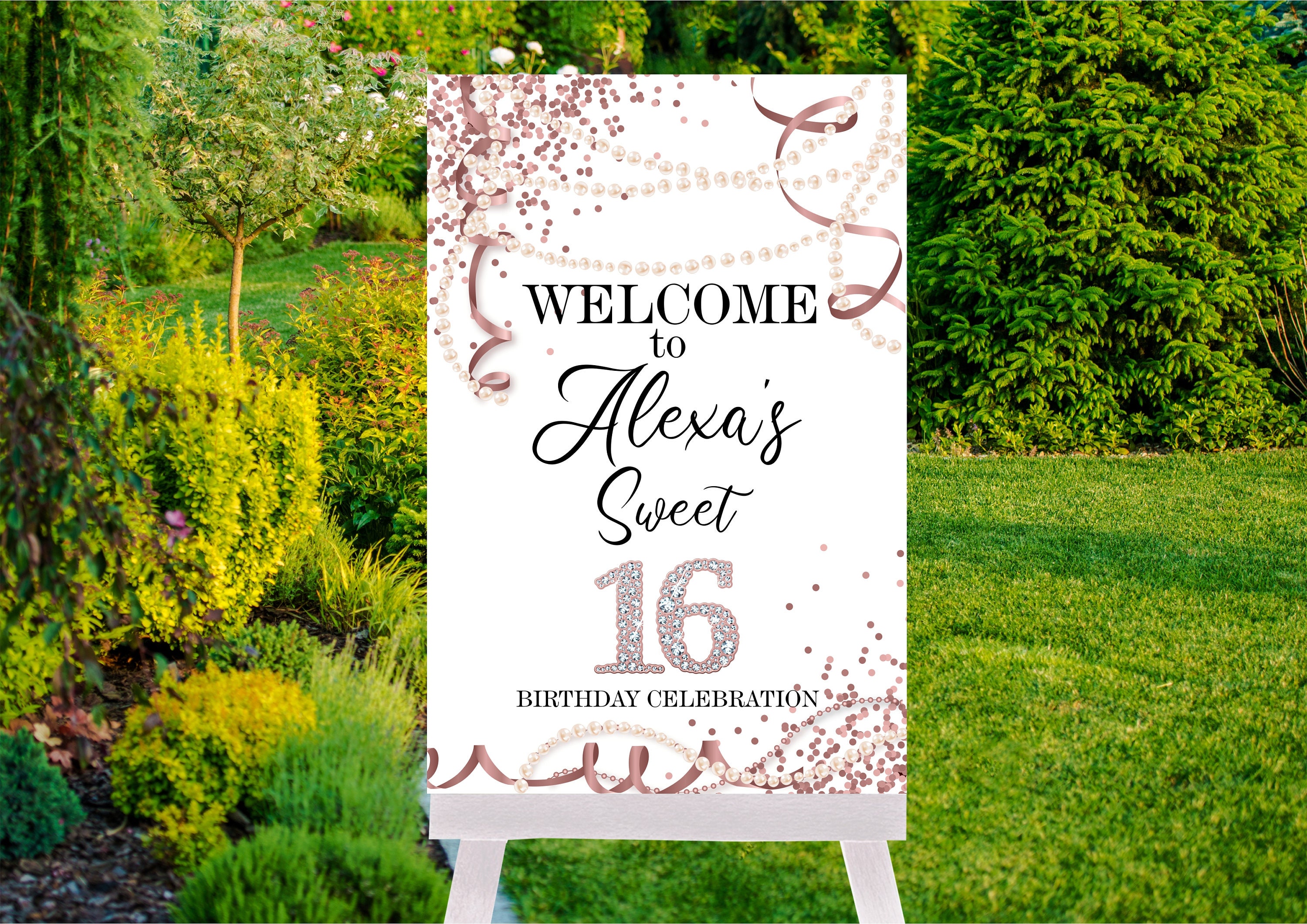 Pearls Rose Gold Diamonds Sweet 16 Party Sign Sixteen White - Etsy