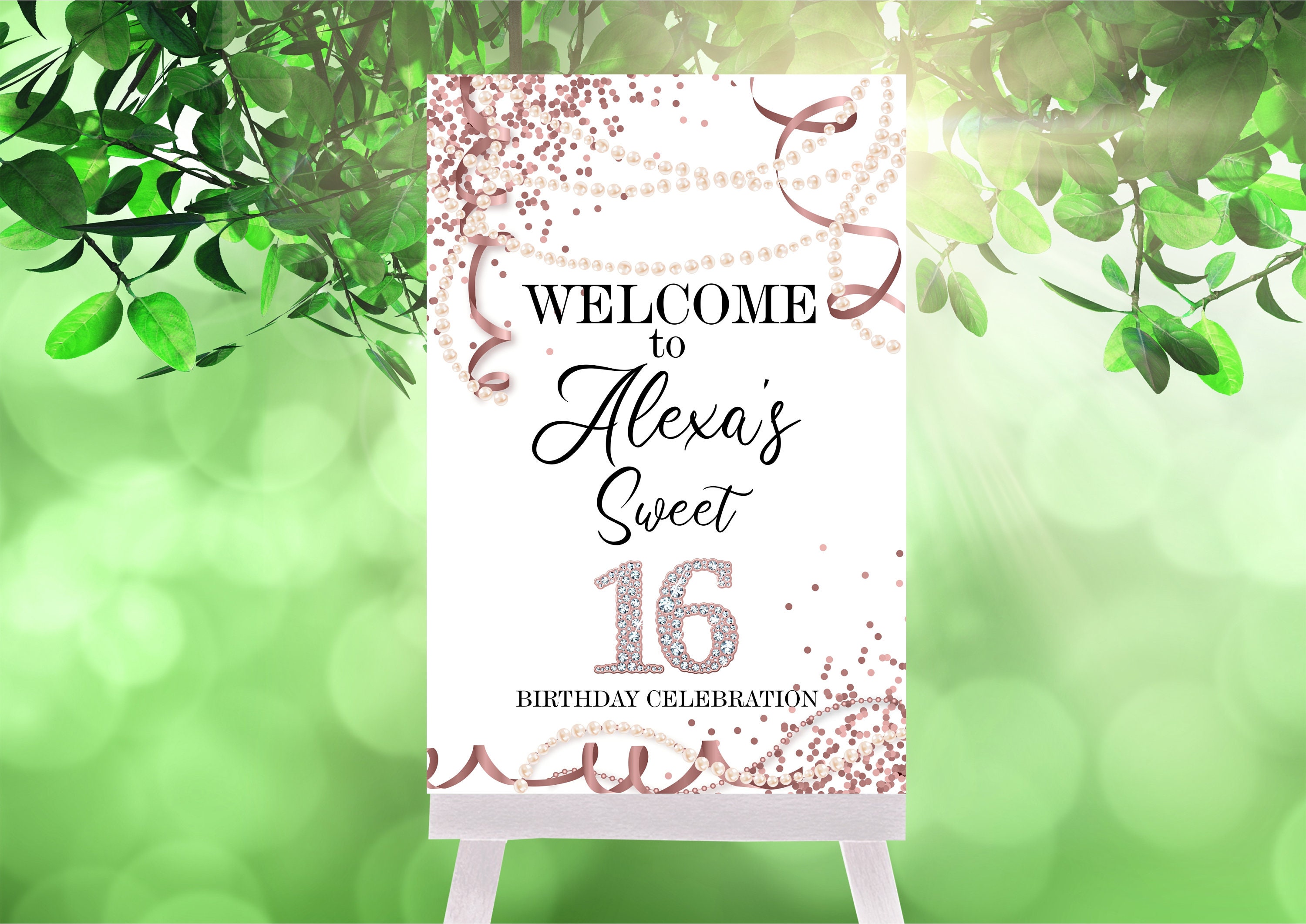 Pearls Rose Gold Diamonds Sweet 16 Party Sign Sixteen White - Etsy