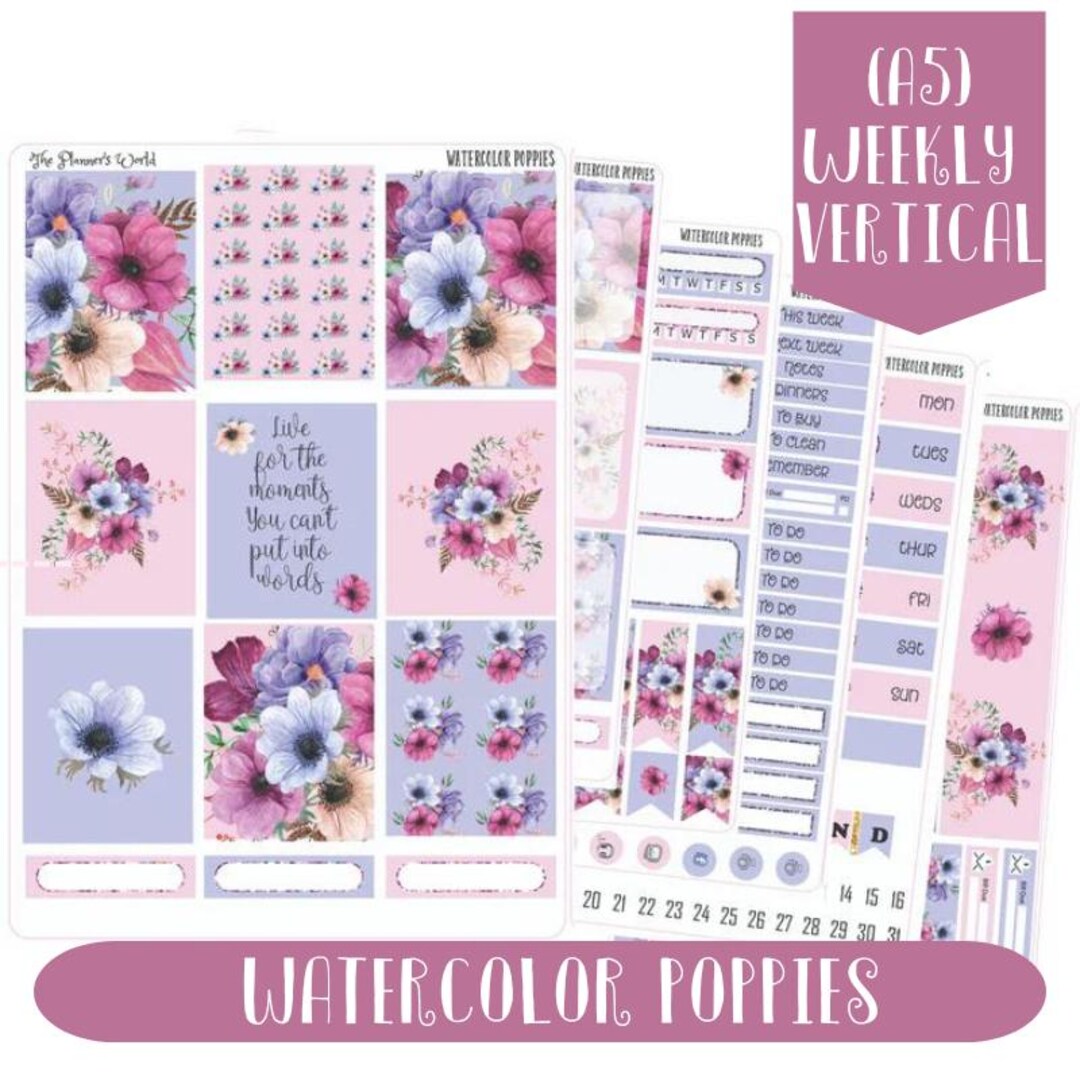 KIT-130 WEEKLY || Watercolor Poppies - WEEKLY Planner Sticker Kit - Etsy