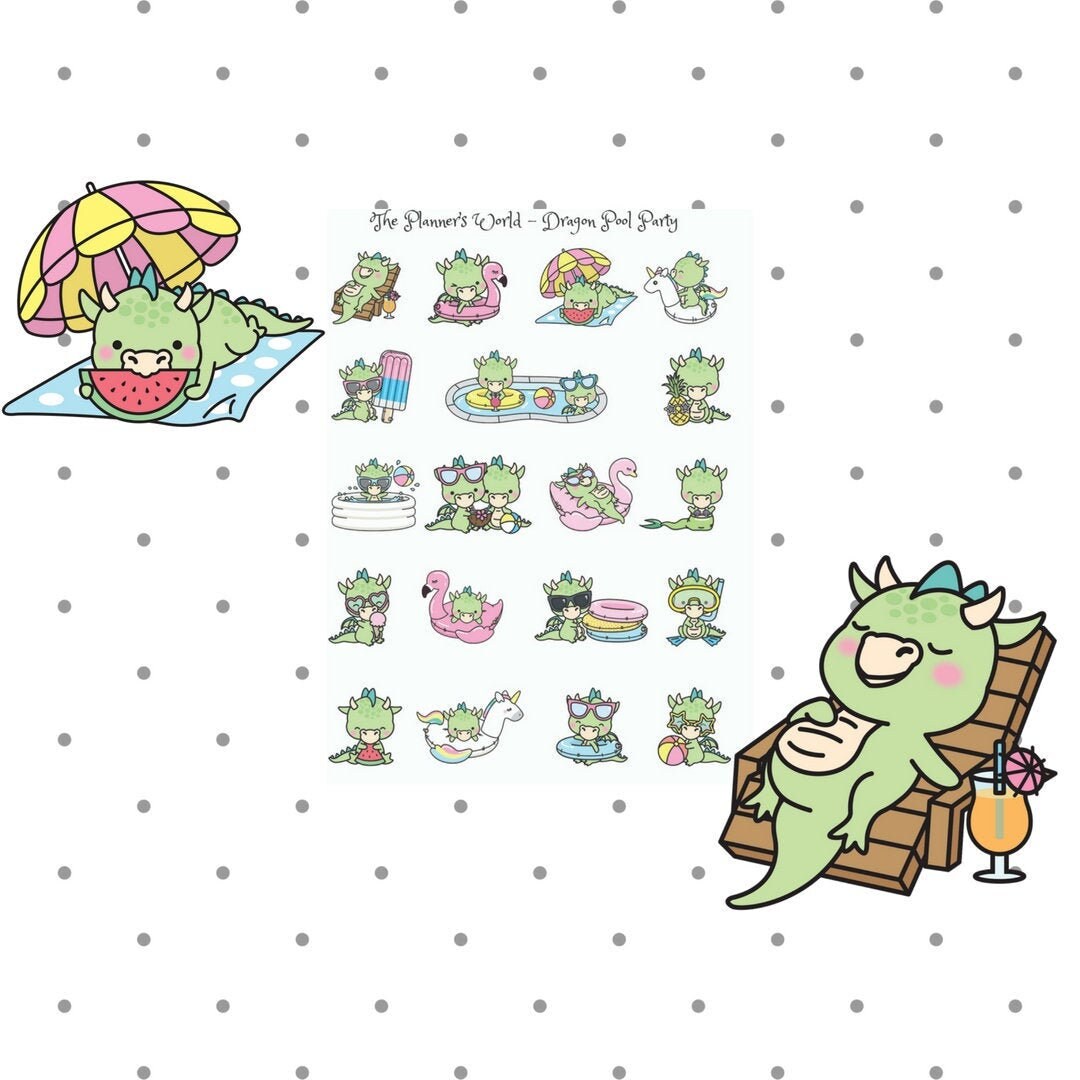 Dragon Sticker Sheet - Cute Dragon Character Planner Stickers - Pool ...