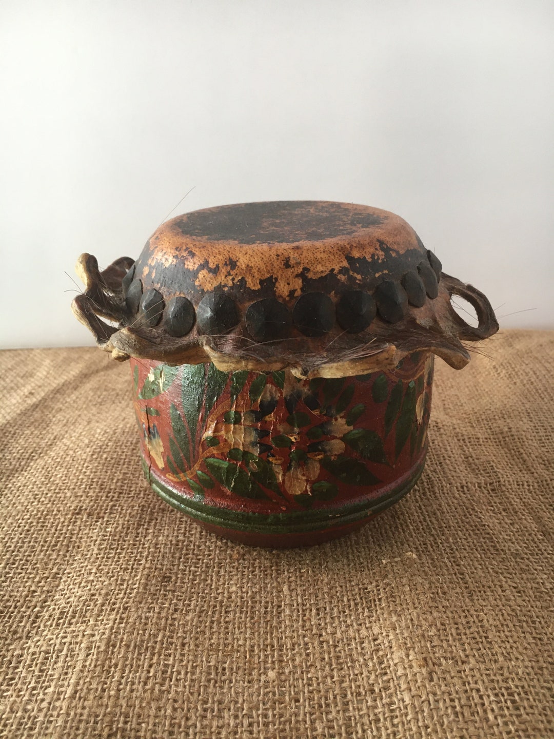 Vintage Primitive Folk Art Drum With Scalloped, Pierced Hide Top/tribal ...