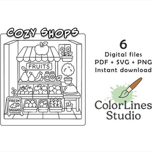 Cute Shop Coloring Pages Printable PDF SVG PNG | Cafe Bakery Flower ...