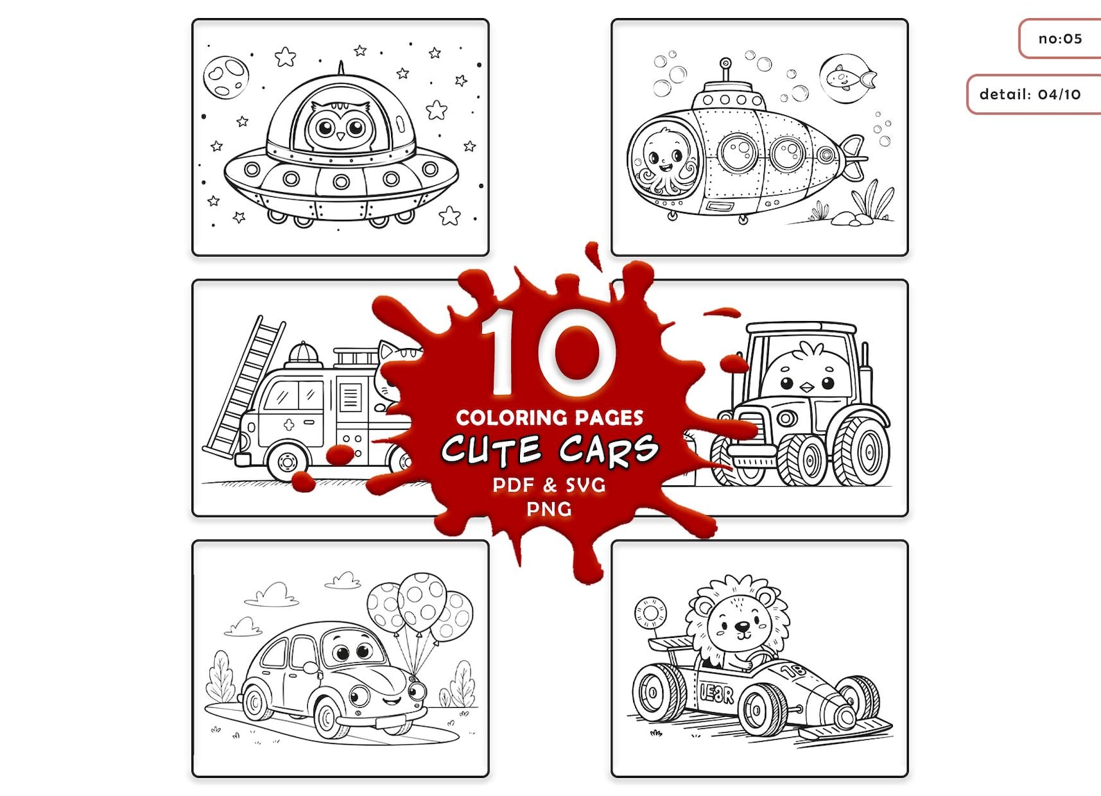Cute Car Coloring Pages | Submarine, Spaceship, Tractor & Police ...