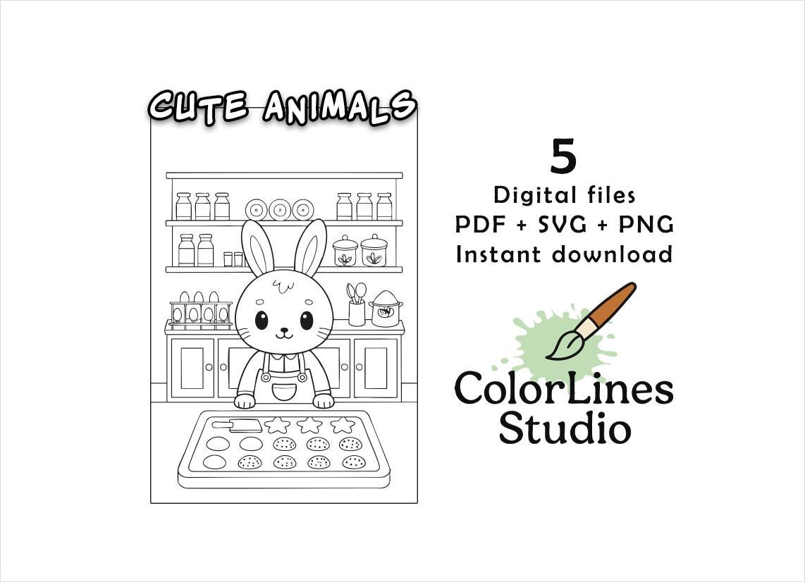 Kawaii Animal Coloring Pages | Cat Fox Bunny Deer Reading Baking | Cozy ...