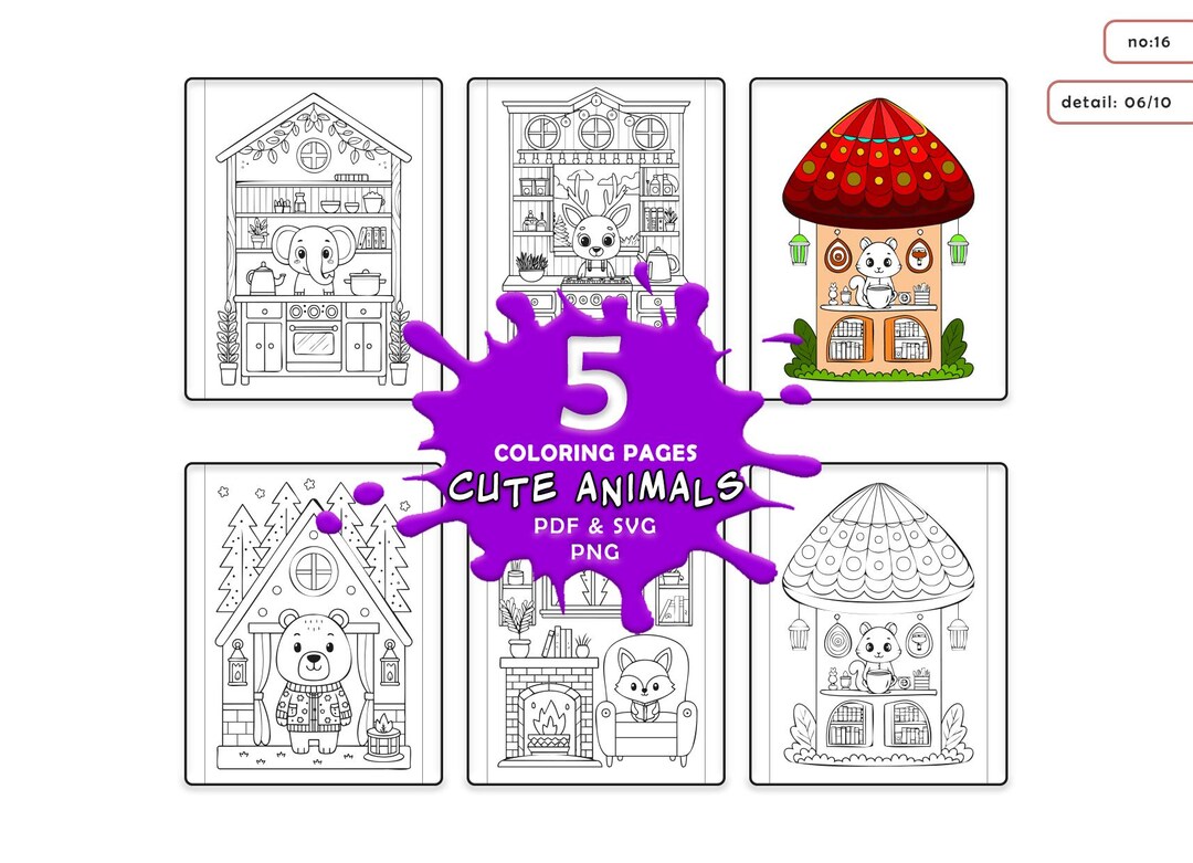 Cozy Animal Homes Coloring Pages | Cat Fox Bear Deer Elephant | Cottage ...