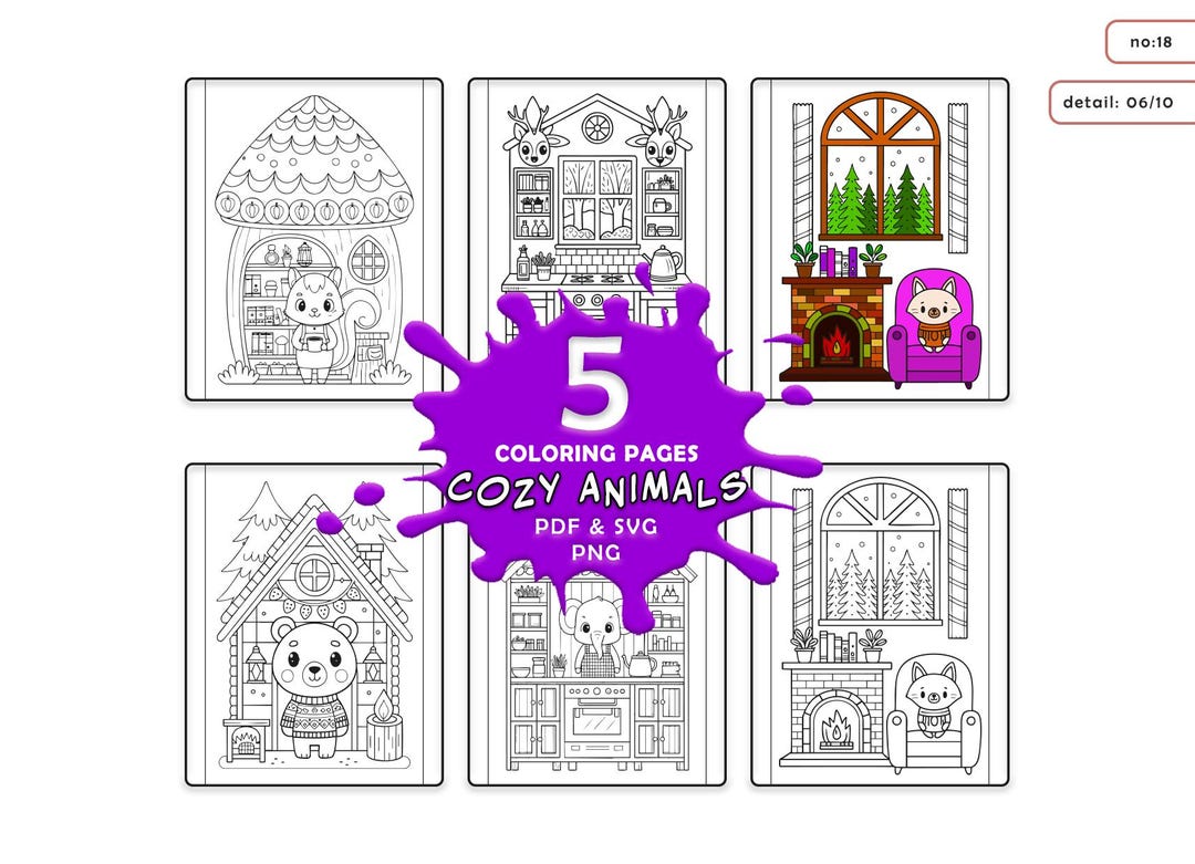 Woodland Animal Homes Coloring Pages | Bear Fox Deer Elephant Squirrel ...