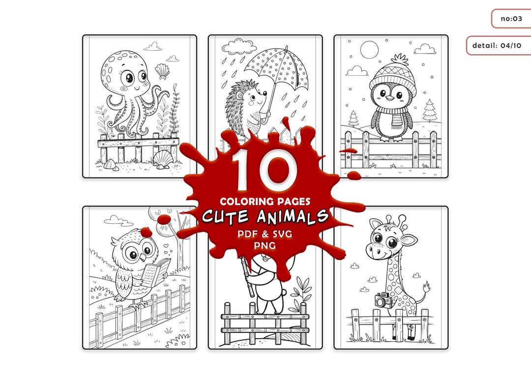 Cute Animal Coloring Pages Bundle | Kawaii Turtle Penguin Fox Giraffe ...