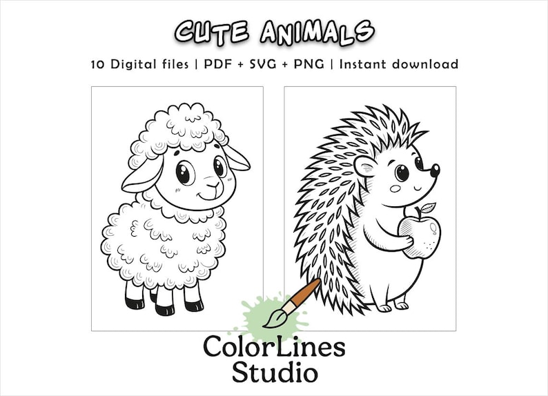 Cute Animal Coloring Pages Bundle | Kawaii Raccoon Hedgehog Sheep ...