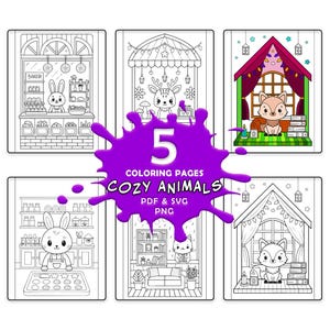 Kawaii Animal Coloring Pages | Cat Fox Bunny Deer Reading Baking | Cozy ...