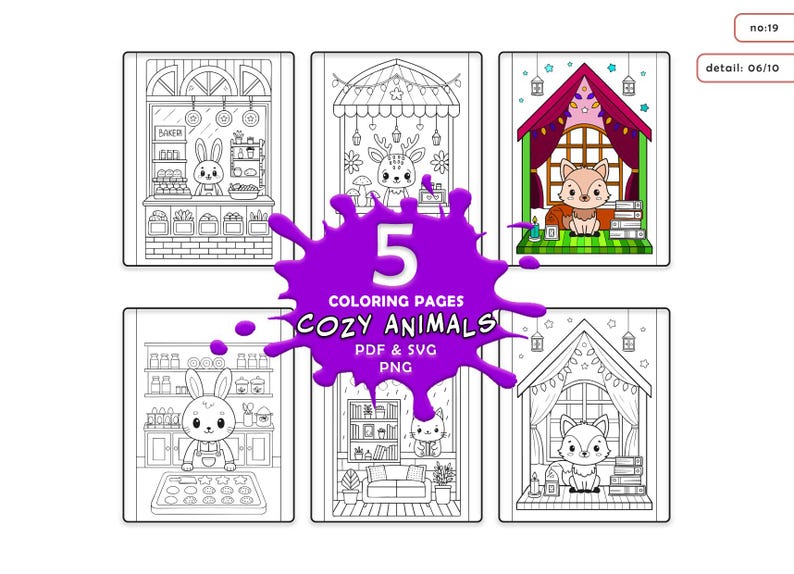 Kawaii Animal Coloring Pages | Cat Fox Bunny Deer Reading Baking | Cozy ...