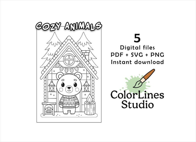 Woodland Animal Homes Coloring Pages | Bear Fox Deer Elephant Squirrel ...