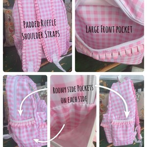 Pink Gingham Backpack Full Size Nylon Ruffle Book Bag. Monogrammed Name ...