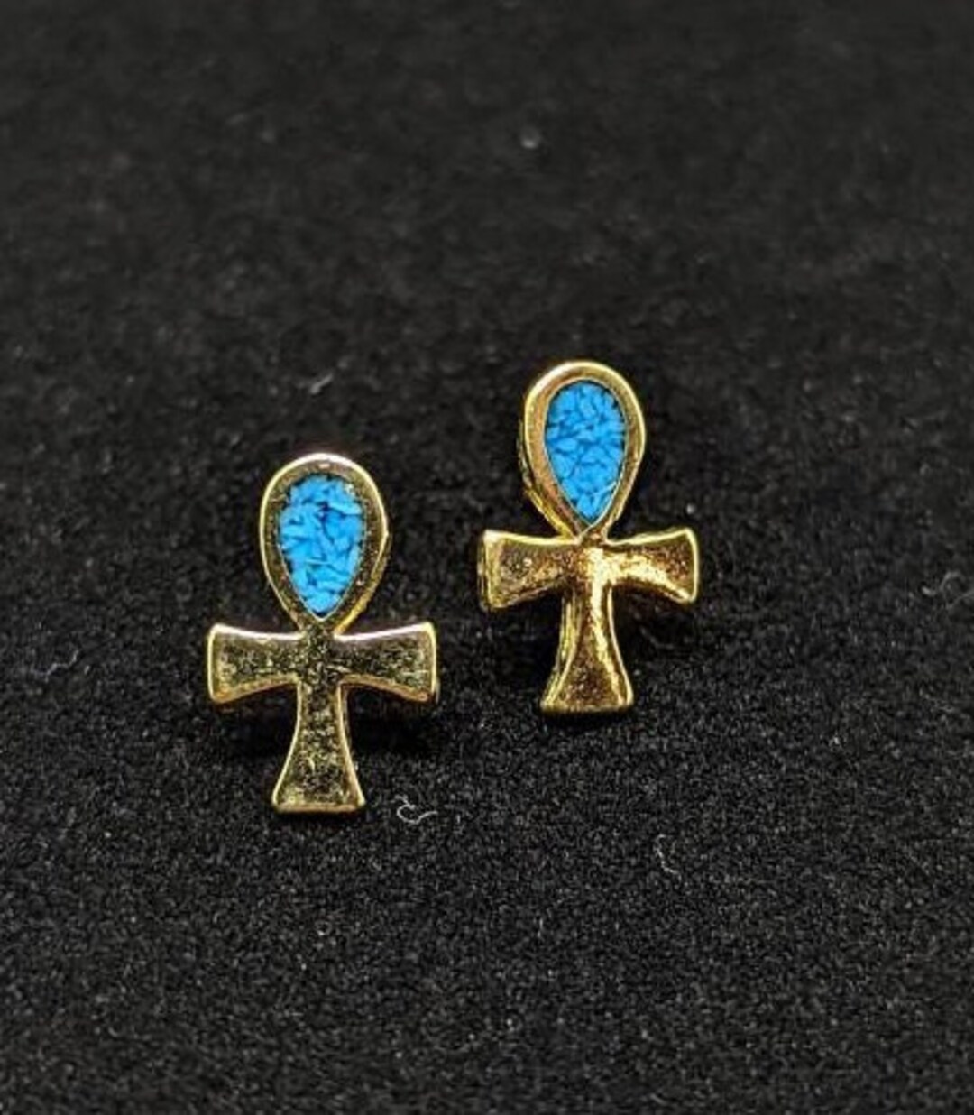 Small Gold Plated Ankh With Turquoise Inlay, Key of Life Stud Earrings ...