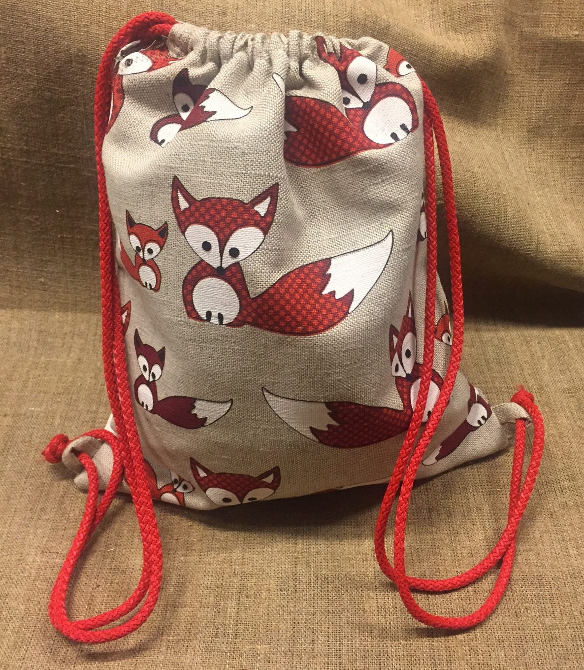 Mini Red Fox Linen Fabric Backpack Natural Kids Drawstring - Etsy