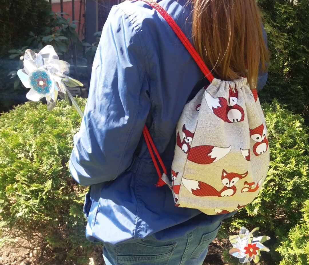 Mini Drawstring Backpack With Cute Fox Print, Natural Linen Drawstring ...
