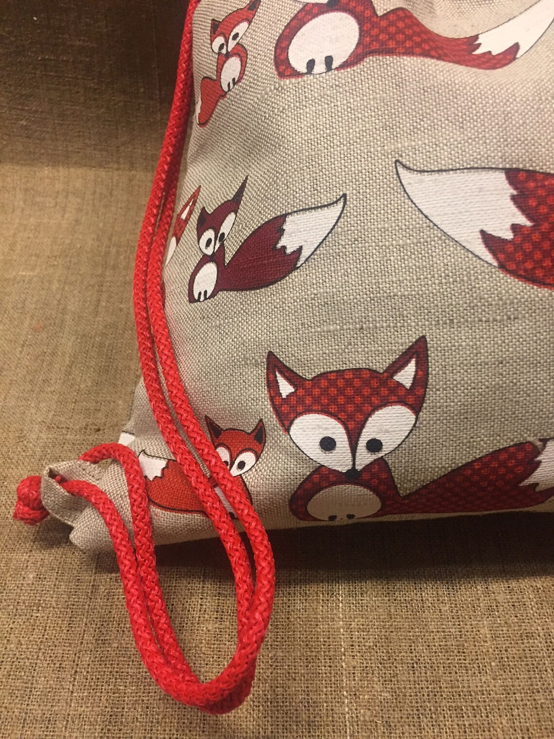 Mini Red Fox Linen Fabric Backpack Natural Kids Drawstring - Etsy