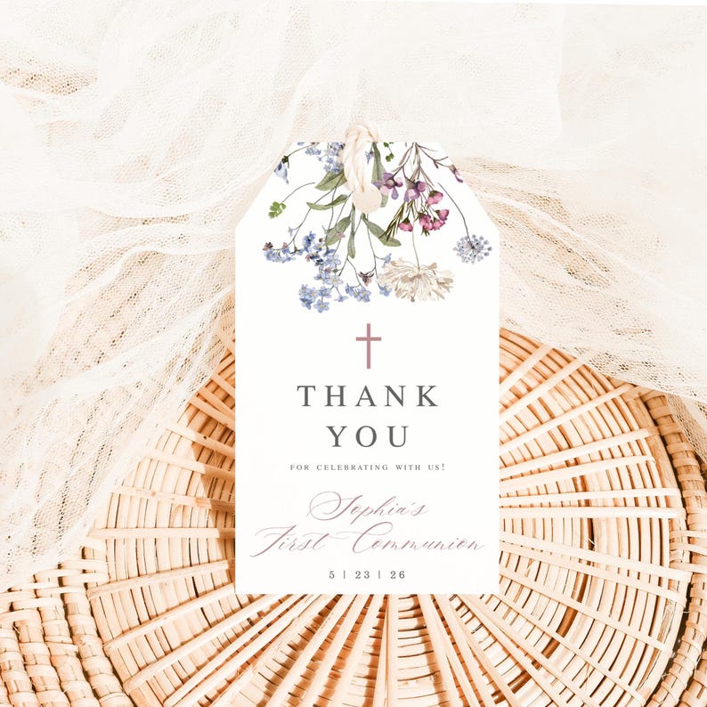 Floral Communion Favor Tags, First Holy Communion Tags, Wildflower ...