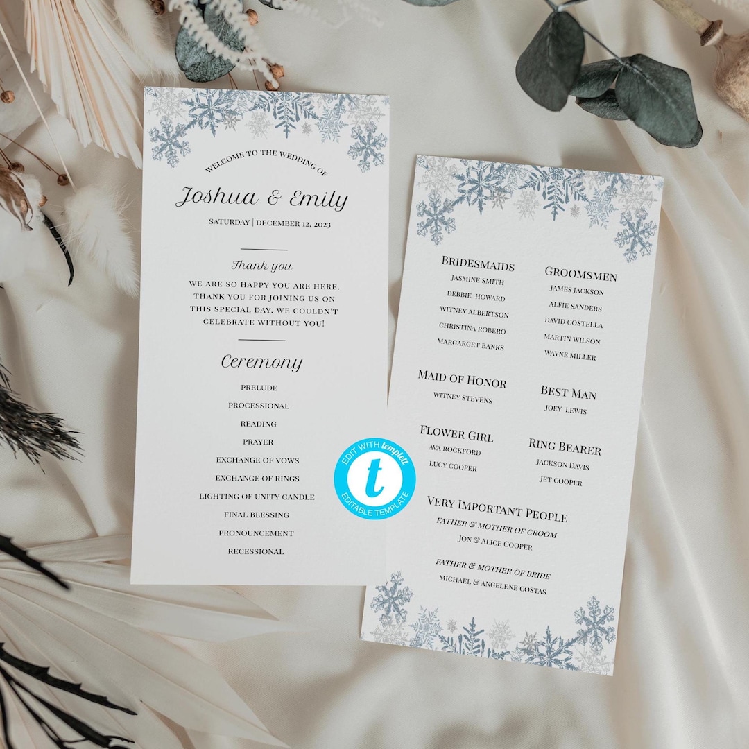 Winter Wedding Program Template | Printable Winter Program | Elegant ...