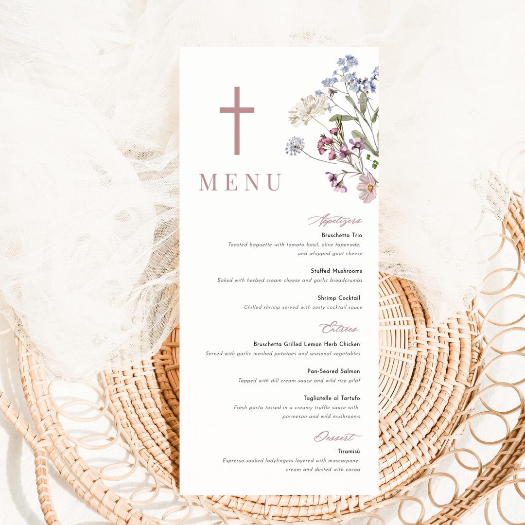 Wildflower Christian Menu Template, Printable Baptism Communion Dinner ...