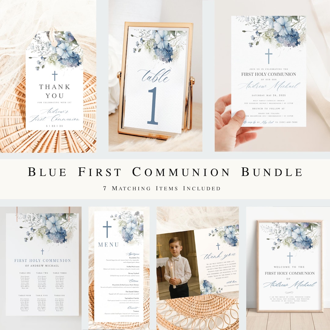 Blue First Communion Template Bundle | 7 Editable Religious Event ...