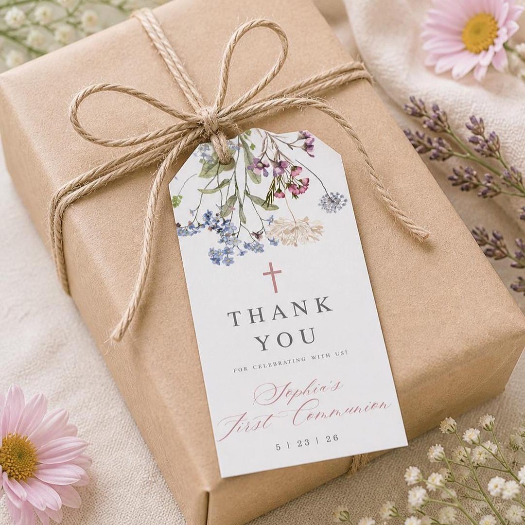 Floral Communion Favor Tags, First Holy Communion Tags, Wildflower ...
