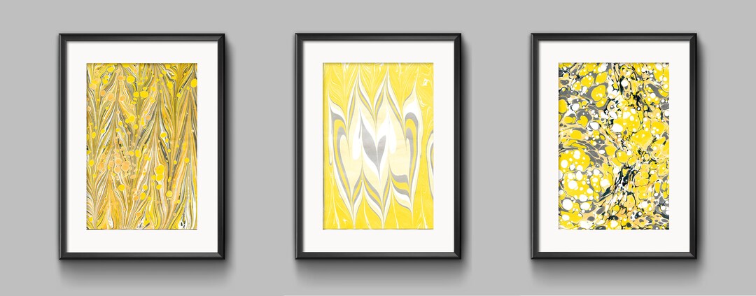 Set of 3 Traditional Marbling Style Printable Wall Art, Yellow and Grey ...