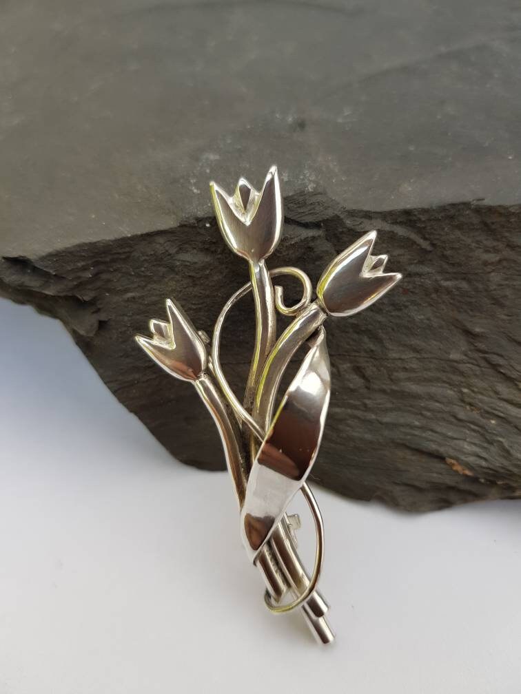 Stunning Handmade Sterling Silver Tulips Brooch / Pendant